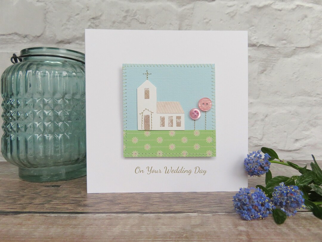 Handmade Church Wedding Card, Stitching & Button Details, Personalised ...