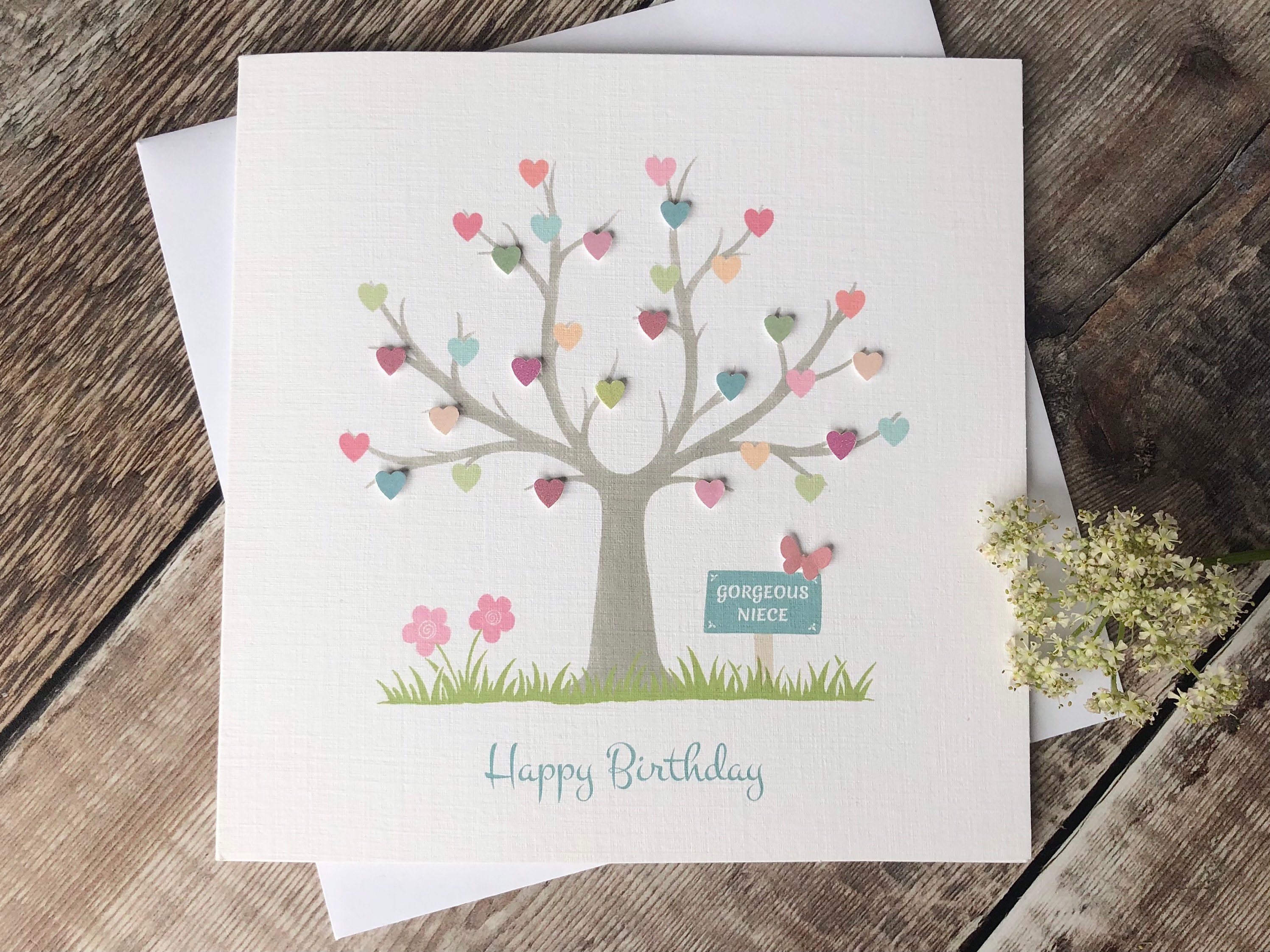 Tree of Life Linen Birthday Card With Embellished Hearts, Personalised ...