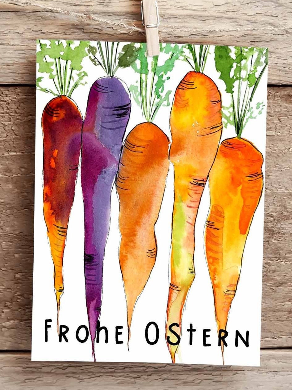Easter Card, Printable Holiday Card, Watercolor Carrots, Unique German ...