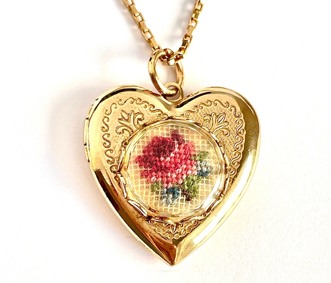 Vintage Gold Filled Heart Locket With Framed Embroidery - Etsy