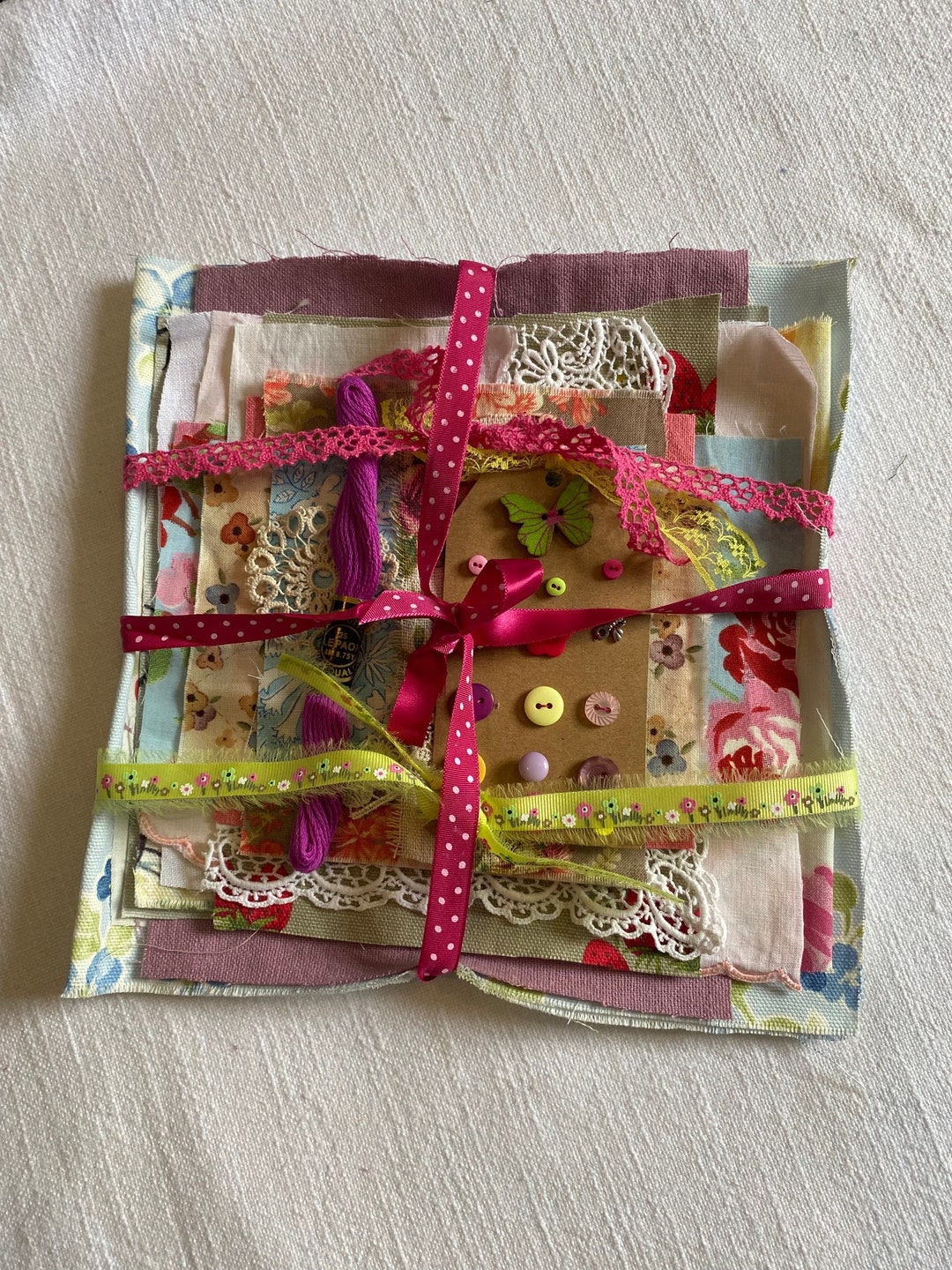 Slow Stitch Bundle Containing Vintage and New Materials, Buttons, Lace ...