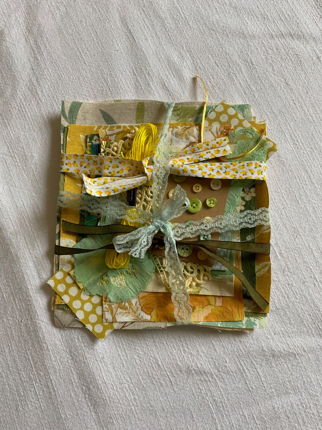 Slow Stitch Bundle Containing Vintage and New Materials, Buttons, Lace ...