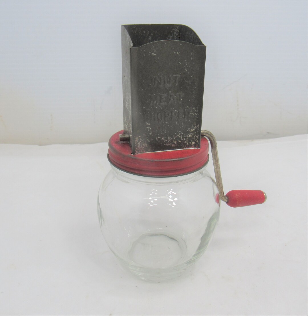 Hazel Atlas Glass Nut Chopper Grinder Spice Vintage Tin Top Painted Red ...