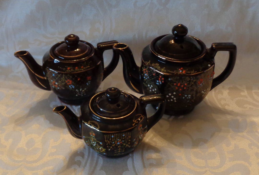 Vintage Mid-century ACME Brown Redware Hand Painted Teapots Set of ...