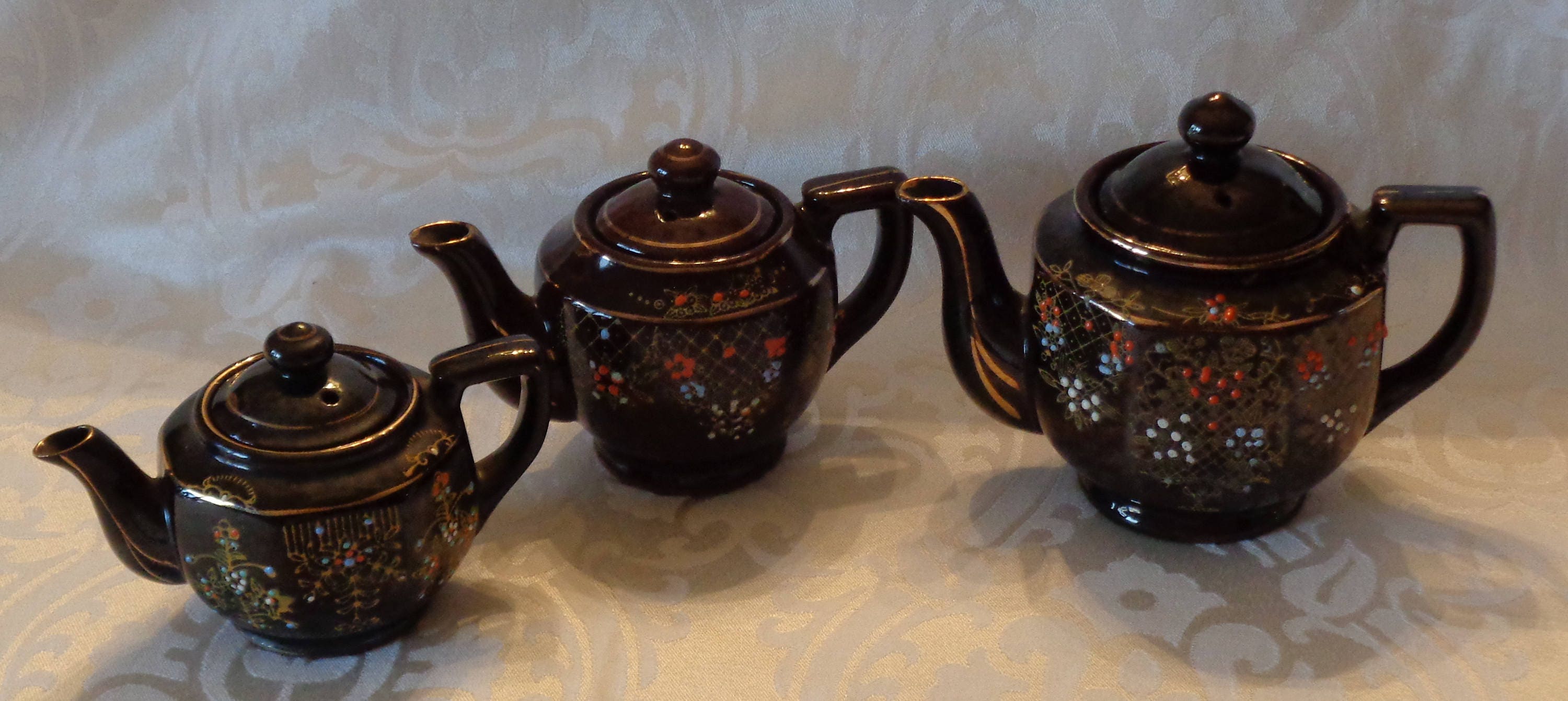 Vintage Mid-Century ACME Brown Redware Hand Painted Teapots Set of ...