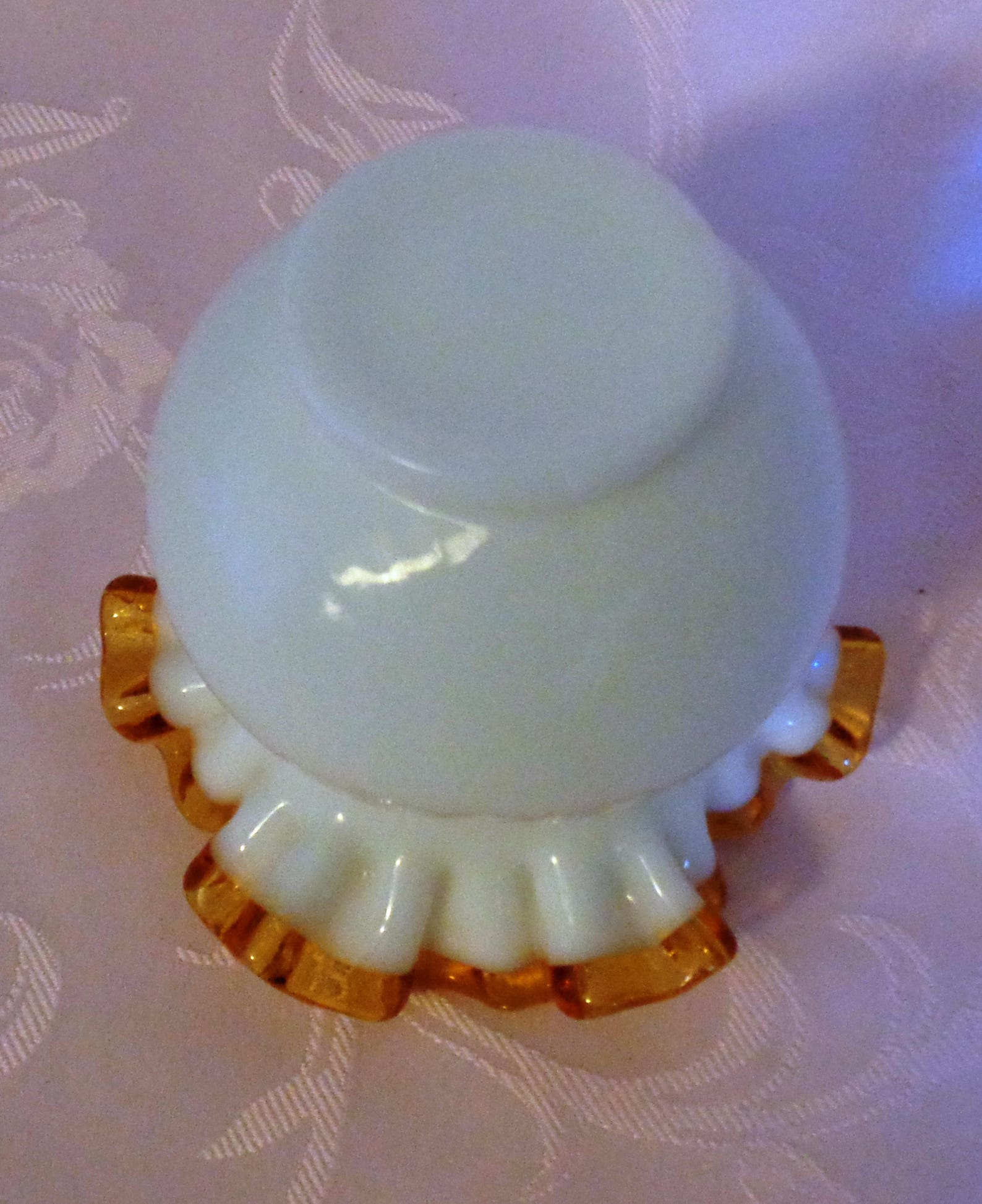 Vintage Fenton White Depression Glass Vase With Amber Crest Ruffled Rim ...