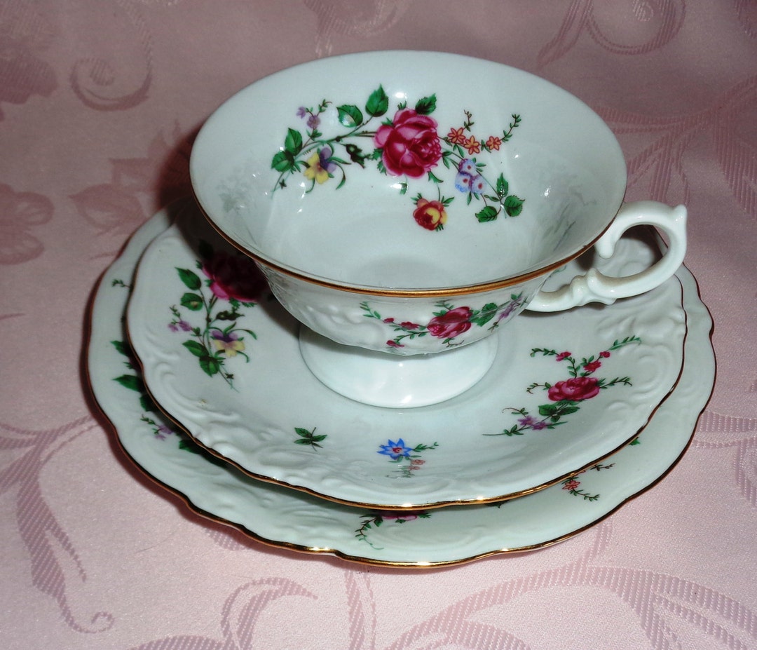 Vintage Mid Century Wawel Sheraton Rose Trio Set Gold Trim - Footed ...