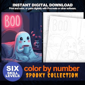 Color by Number Kawaii Ghost: Spooky Halloween Paint by Numbers ...