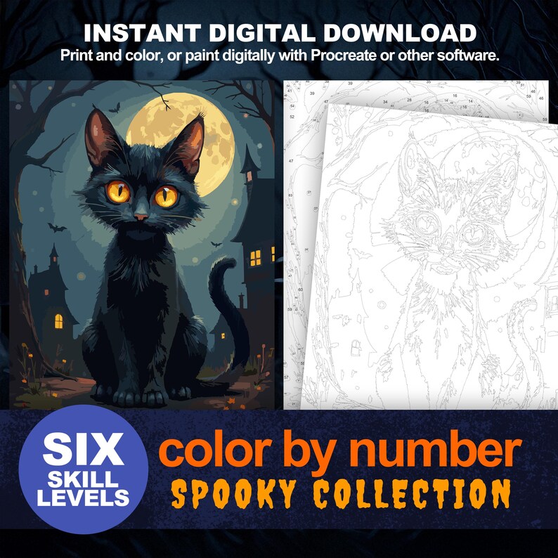 Color by Number Black Cat: Spooky Halloween Paint by Numbers Printable ...