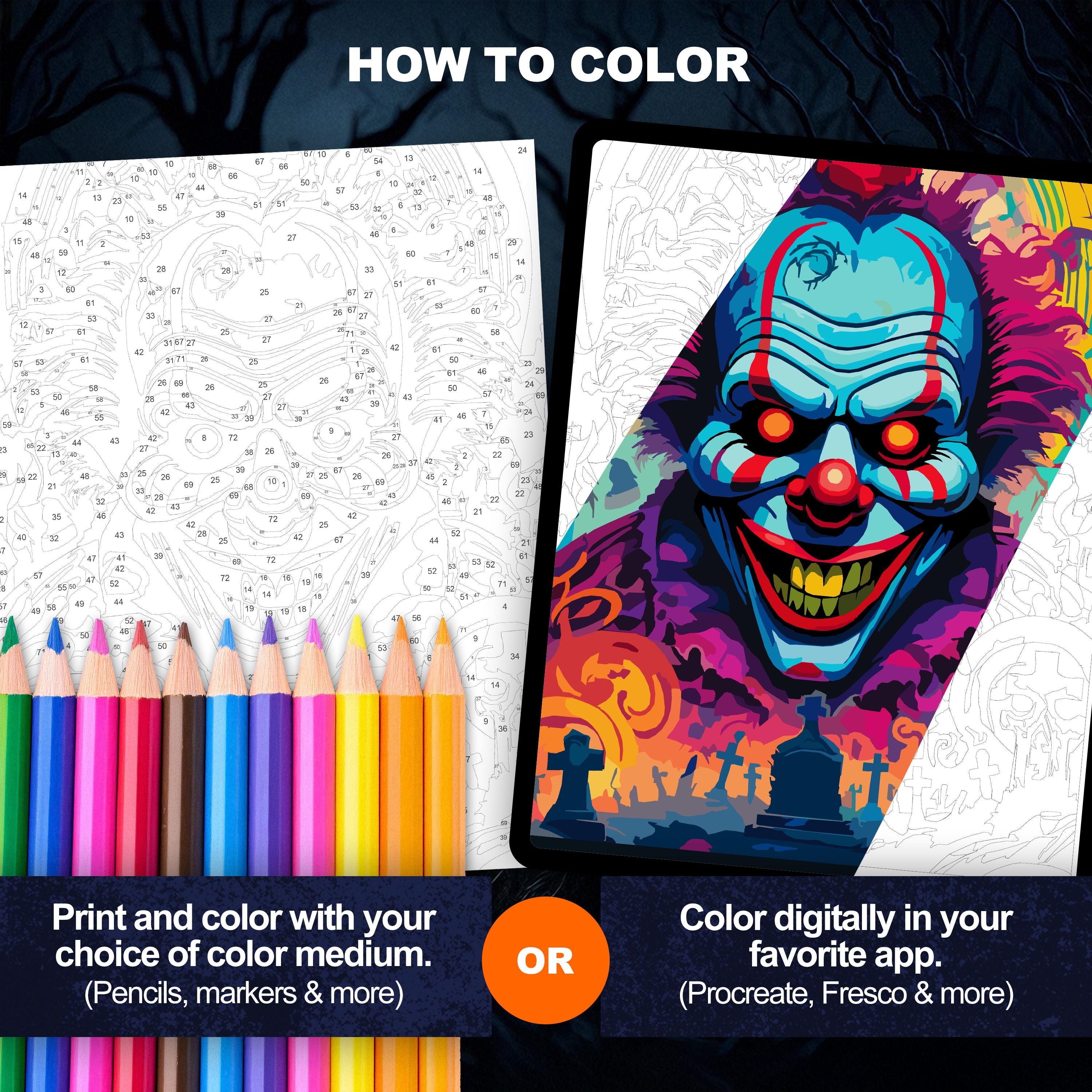Creepy Clown Color by Number: Halloween Horror Printable (digital ...