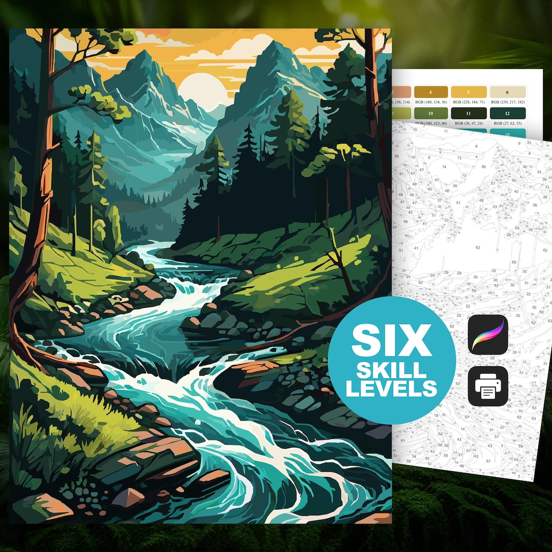 Color by Number Mountain River (6 Skill Levels) Digital Download ...