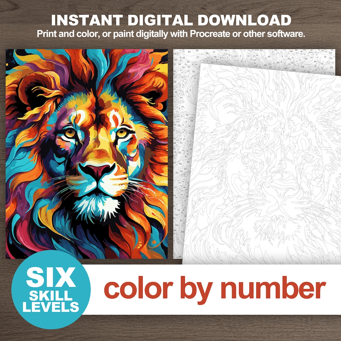 Color by Number Lion (6 Skill Levels) Digital Download | Printable ...