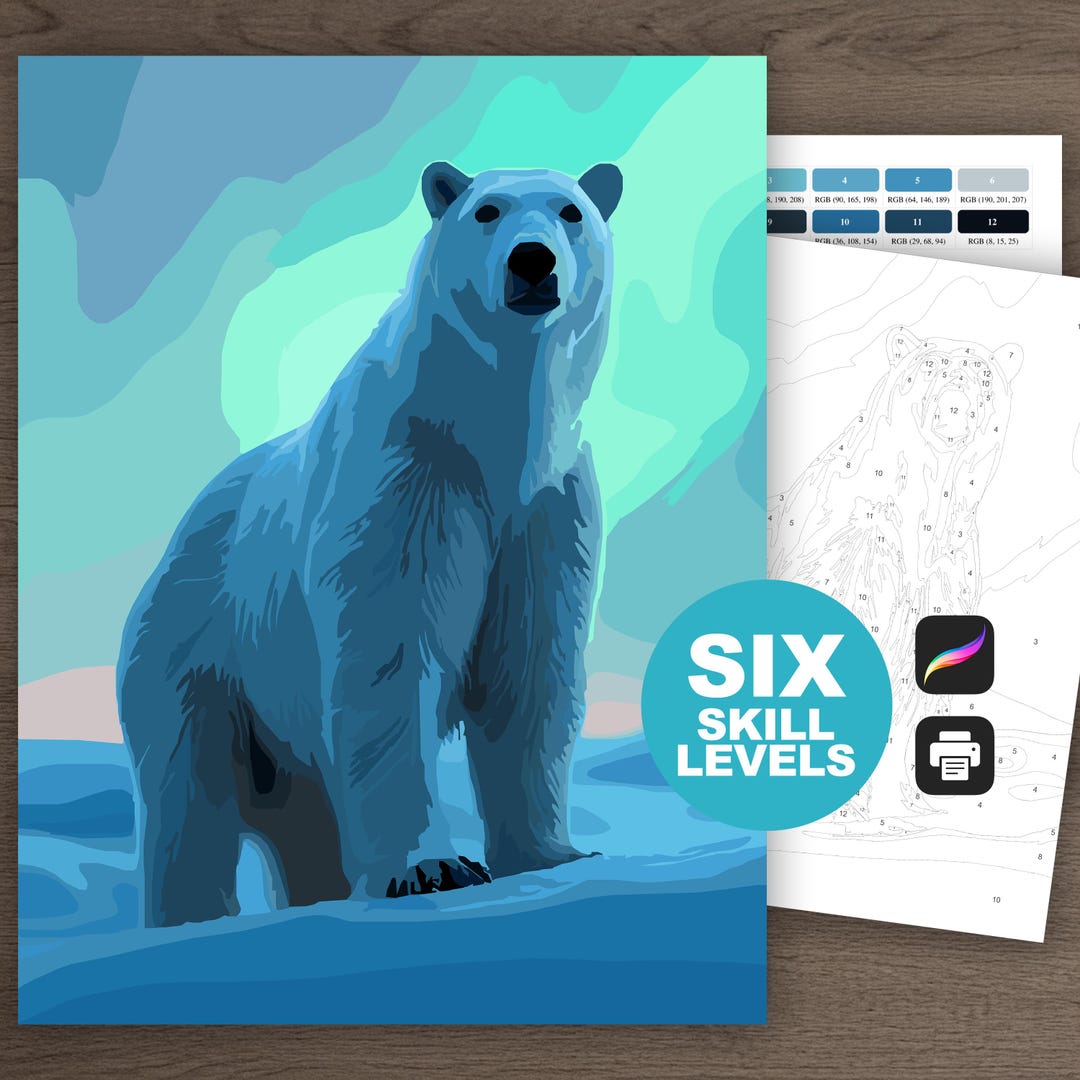 Polar Bear Color by Number Printable: Northern Lights Coloring Page for ...