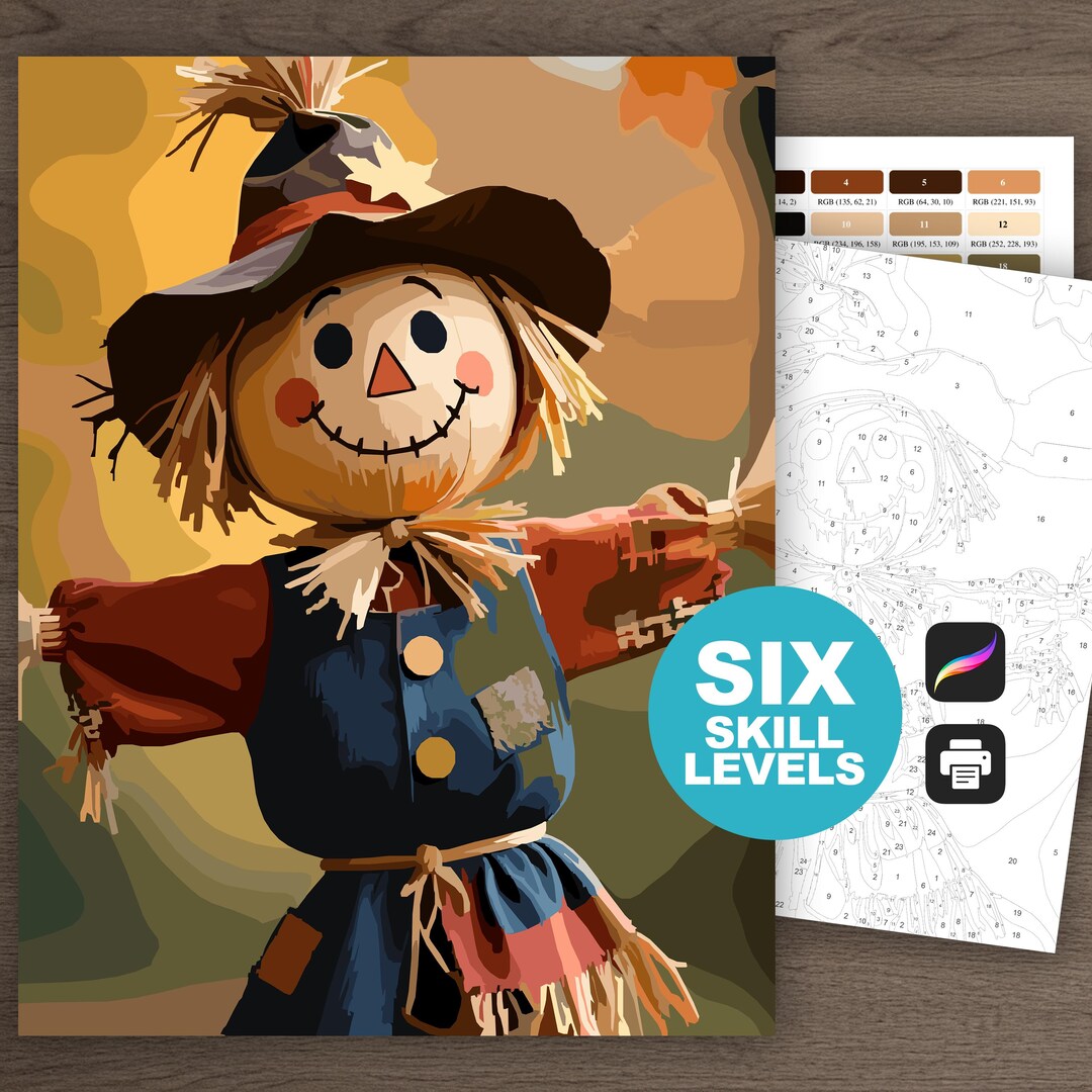 Printable Color by Number Cute Scarecrow: Painting by Numbers Autumn ...