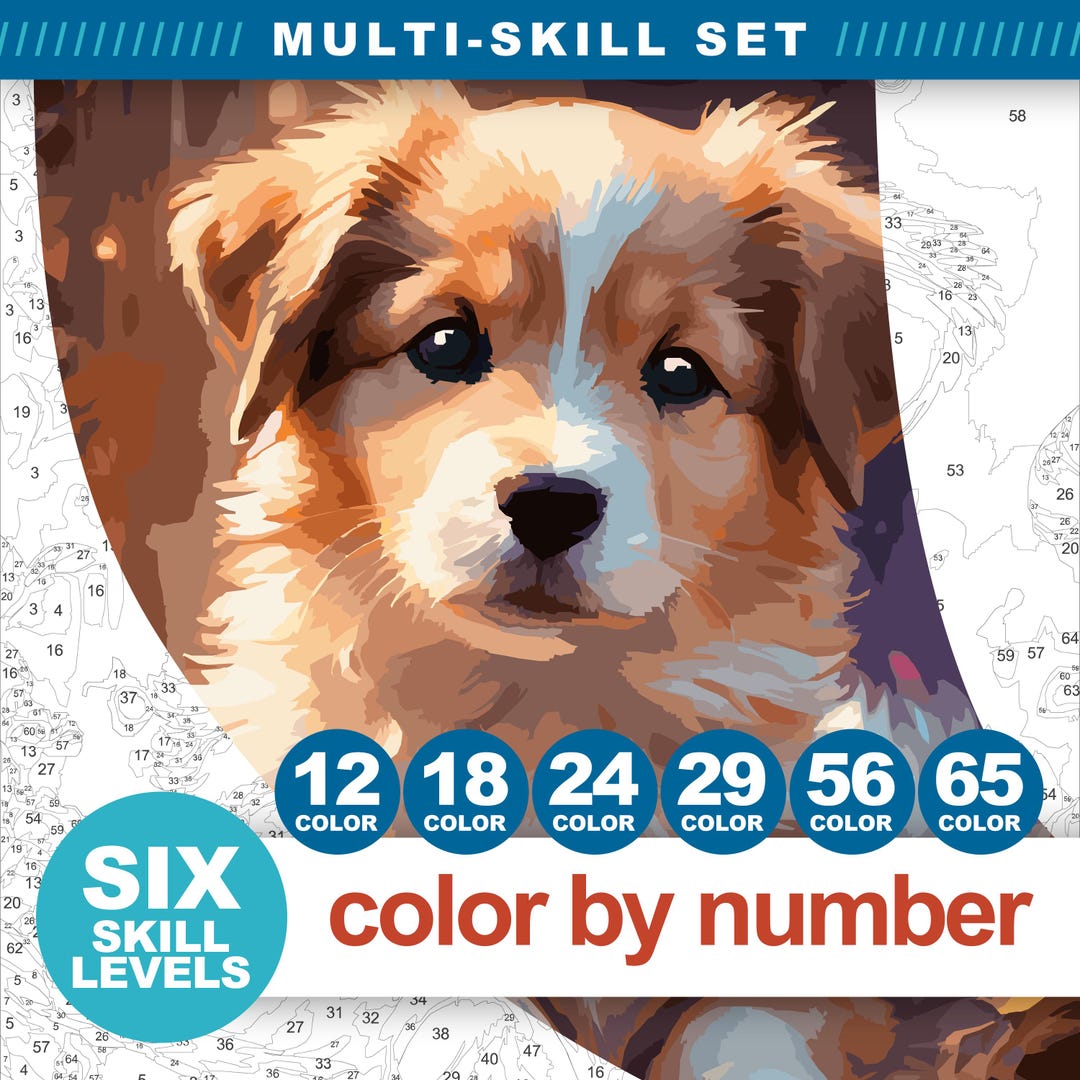 Puppy Color by Number for Adults Digital, 6 Skill Levels, Printable ...