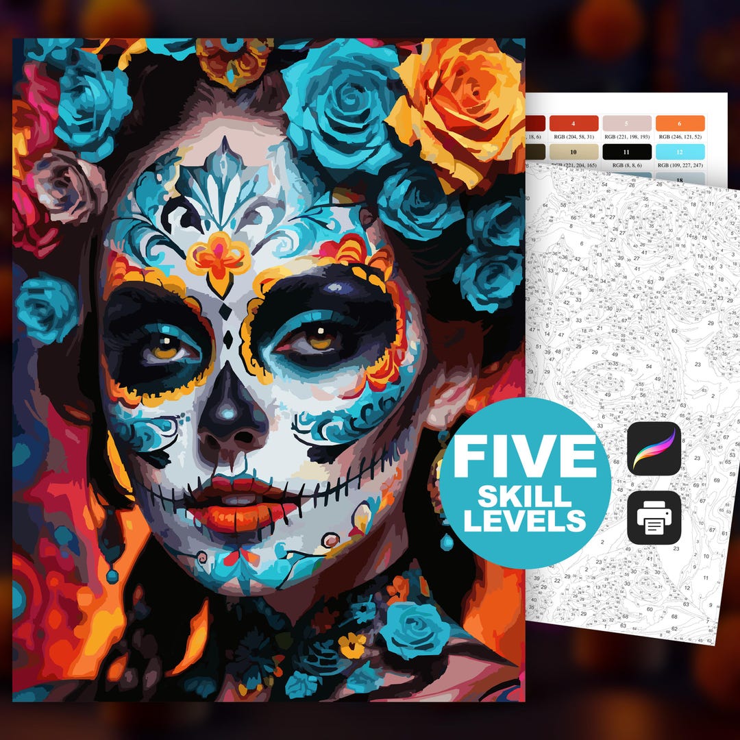 Calavera de azúcar para colorear por números (5 niveles): Página para ...