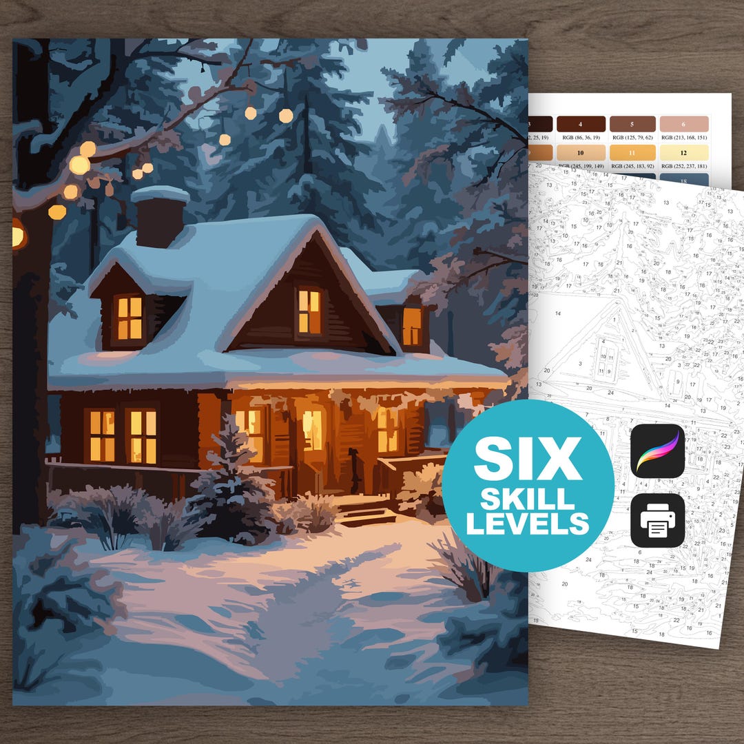 Winter Cabin Color by Number: Snowy Landscape Printable (digital ...