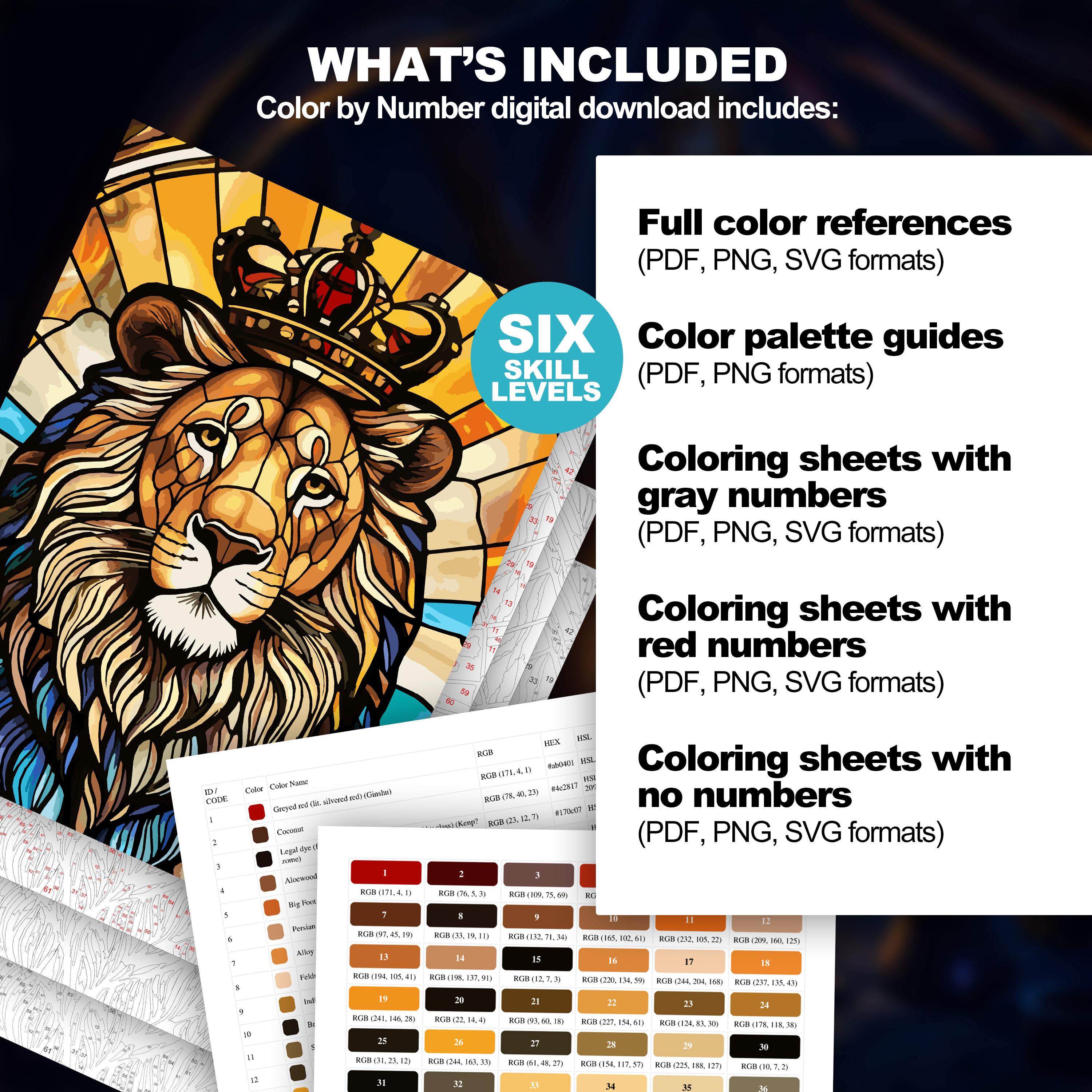 Color by Number Lion Stained Glass (6 Skill Levels): Paint by Numbers ...