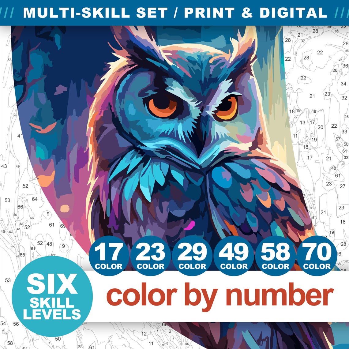Color by Number Owl (6 Skill Levels): Paint by Numbers Printable ...