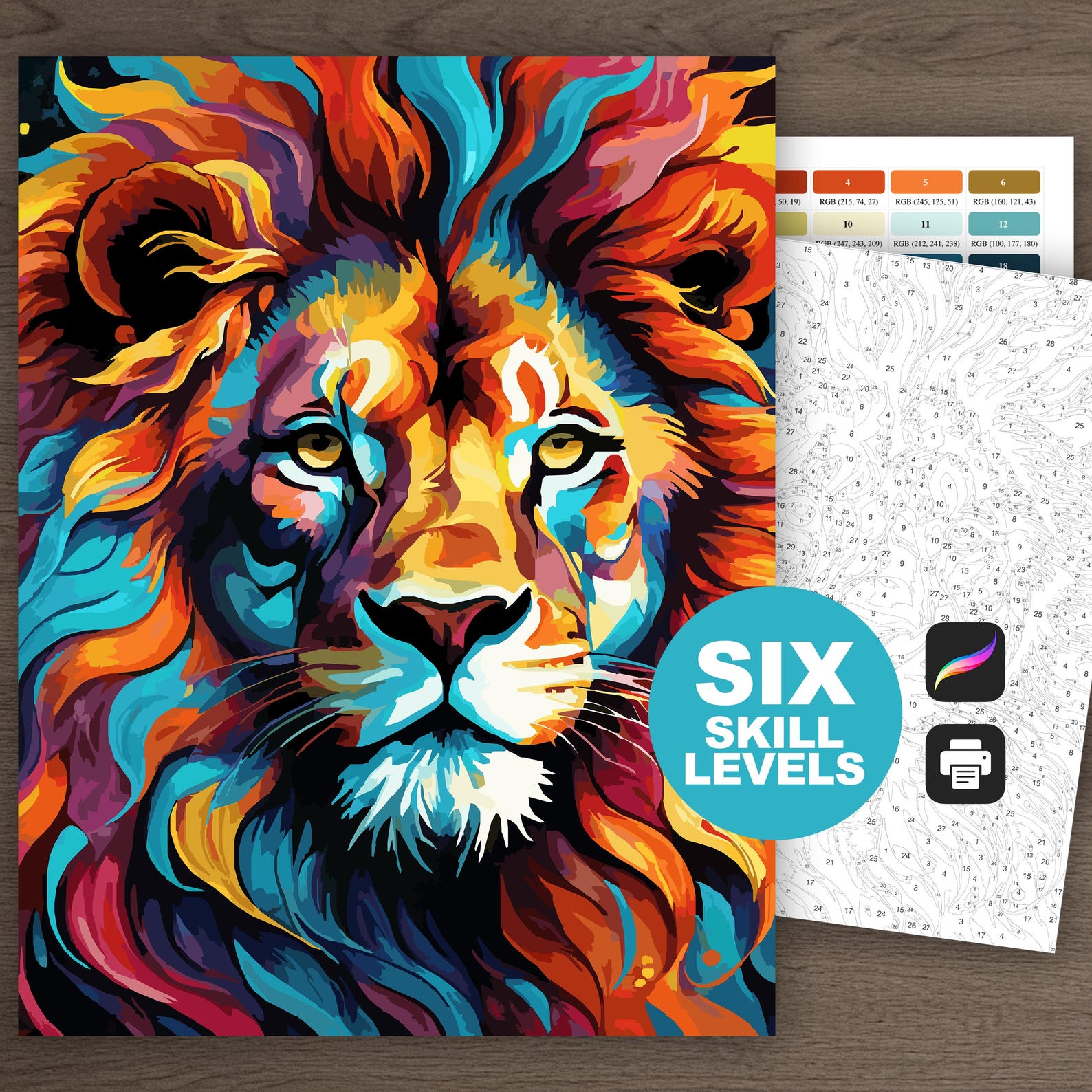 Color by Number Lion (6 Skill Levels) Digital Download | Printable ...
