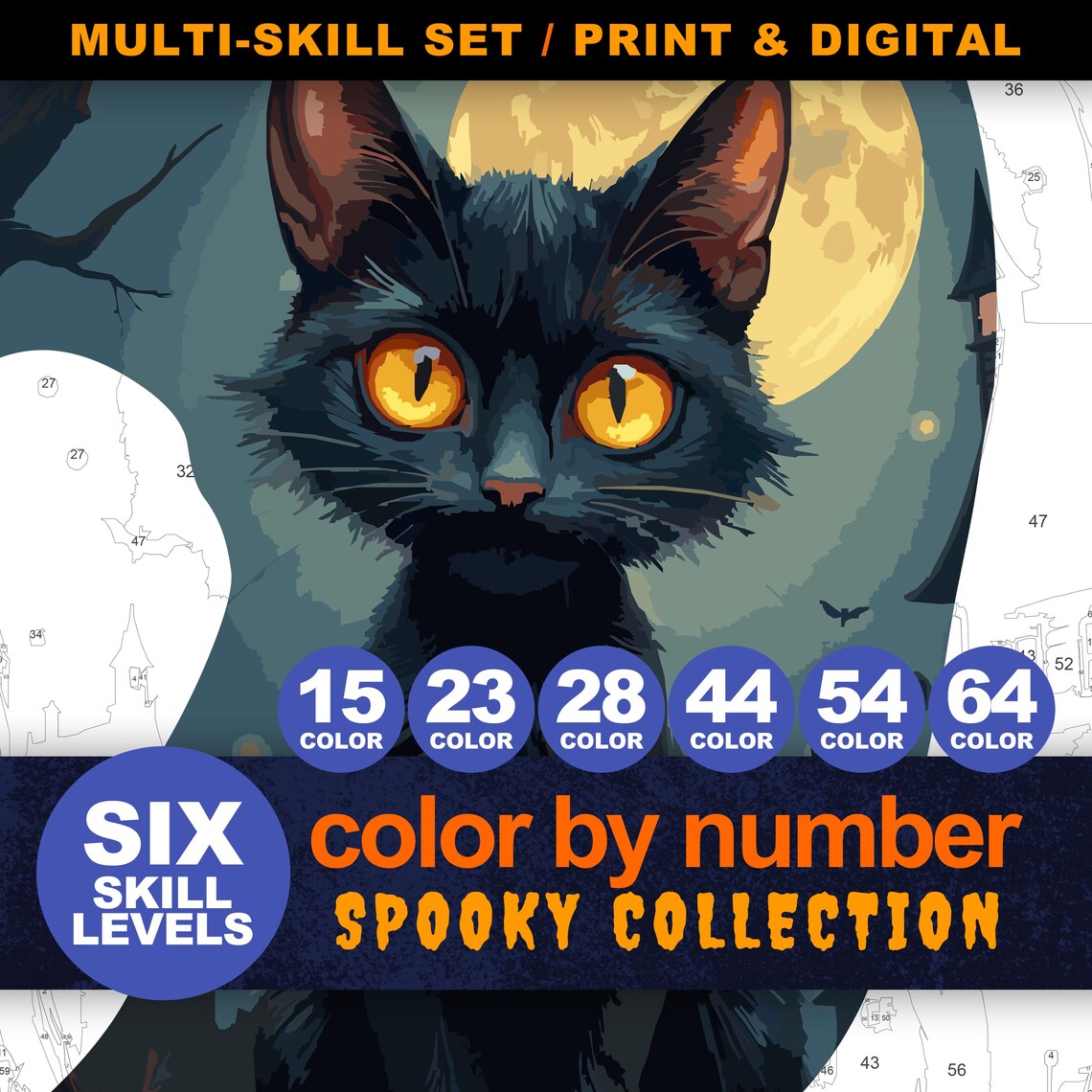 Color by Number Black Cat: Spooky Halloween Paint by Numbers Printable ...