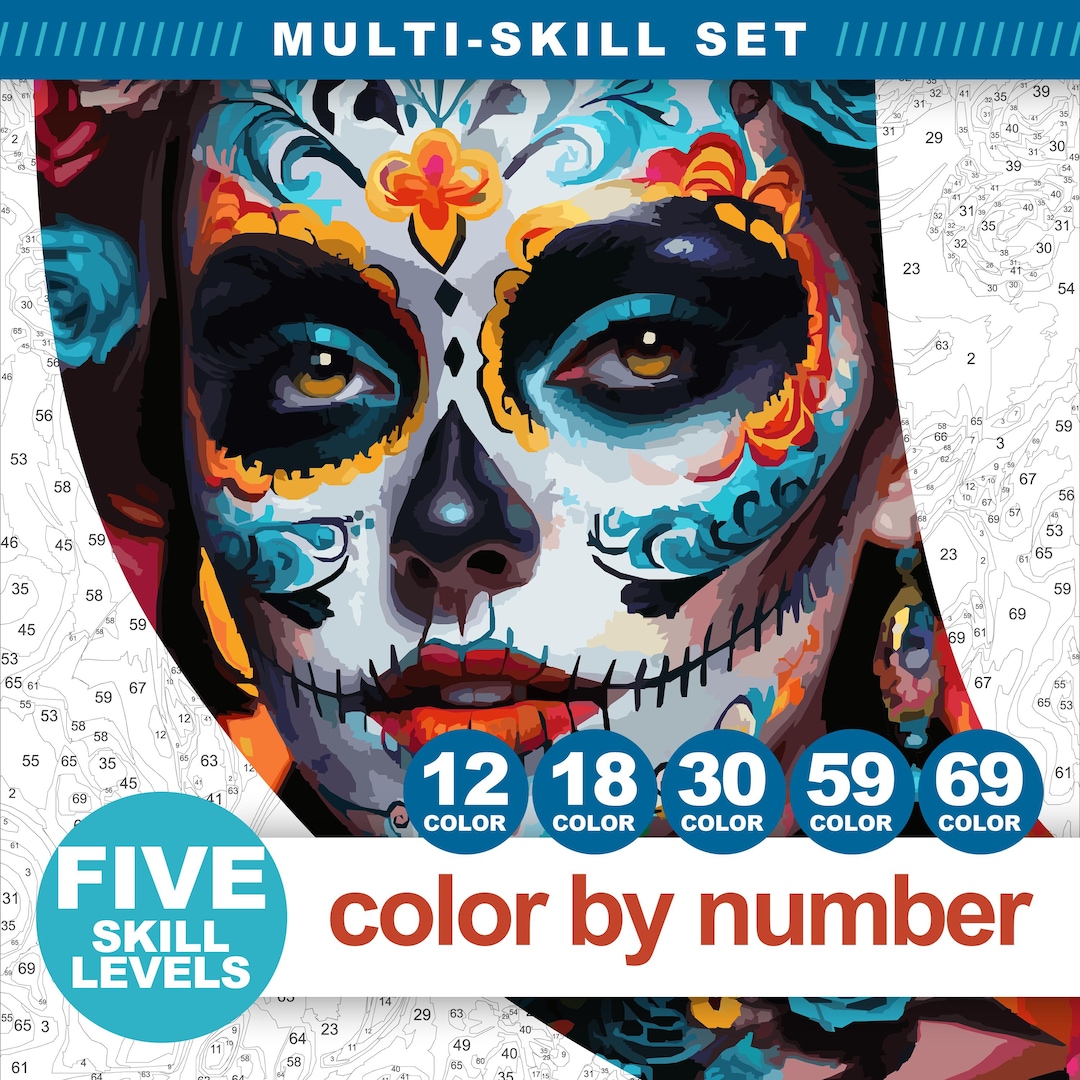 Sugar Skull Color by Number for Adults Printable Coloring Page Digital ...