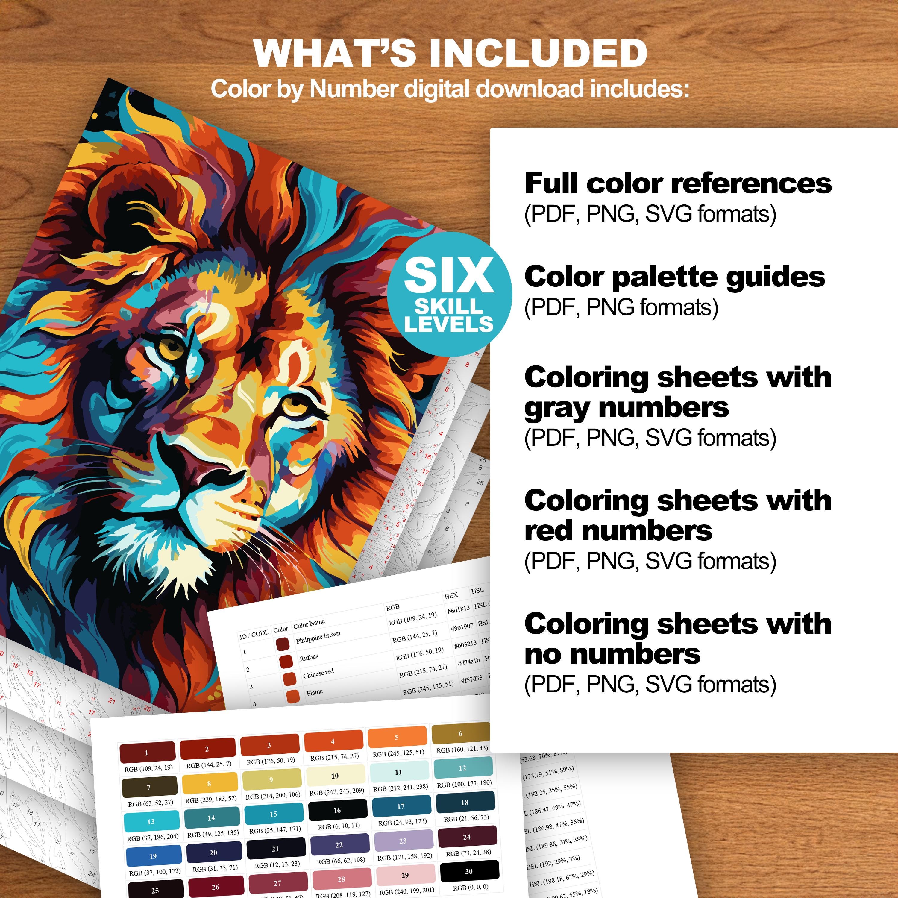 Color by Number Lion (6 Skill Levels) Digital Download | Printable ...