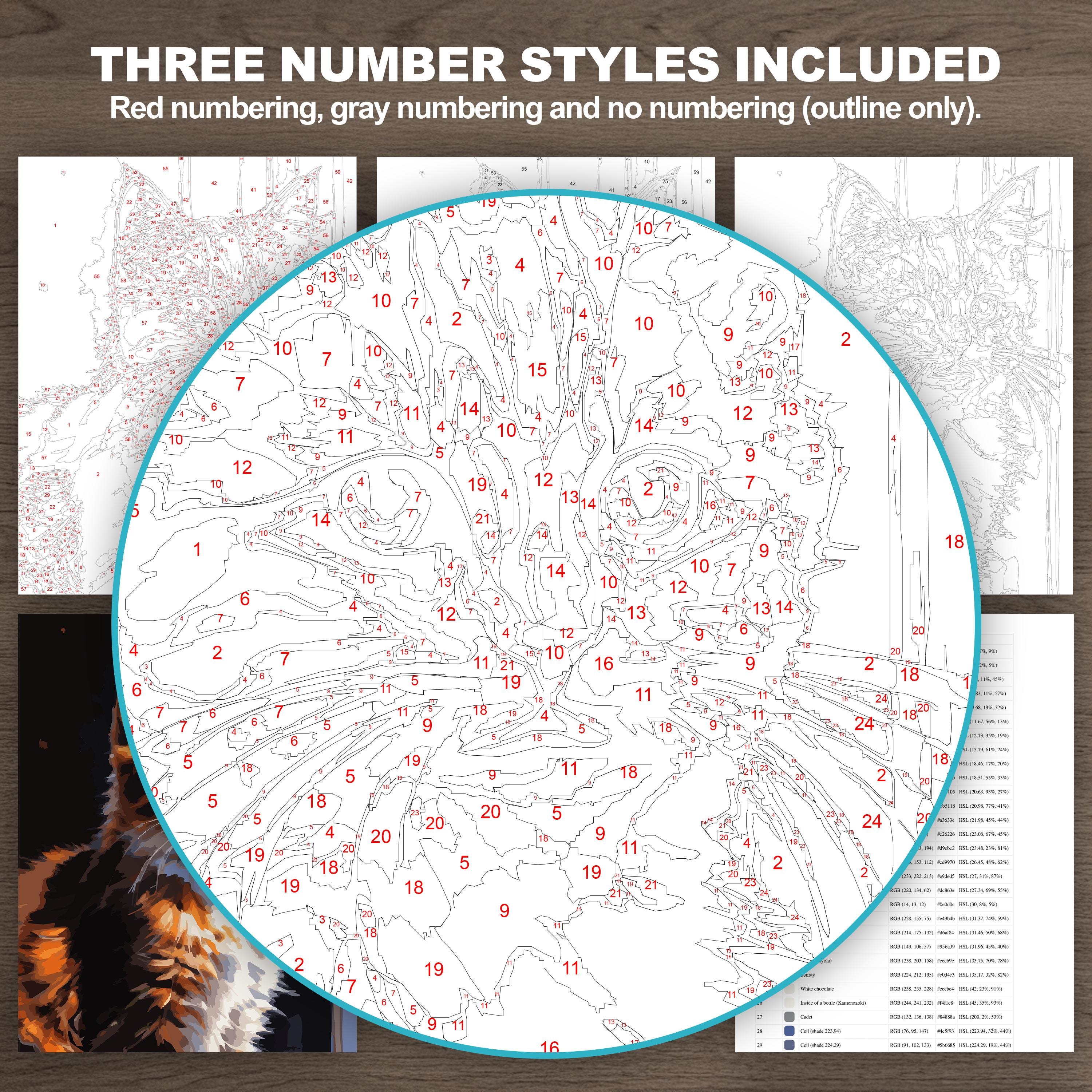Color by Number Cat (6 Skill Levels): Paint by Numbers Printable Tabby ...