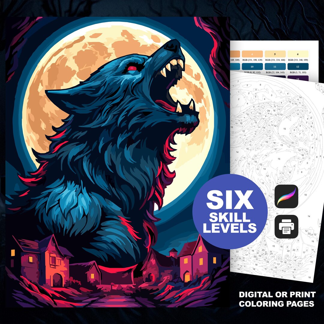 Werewolf Printable Color by Number: Procreate Spooky Halloween Coloring ...