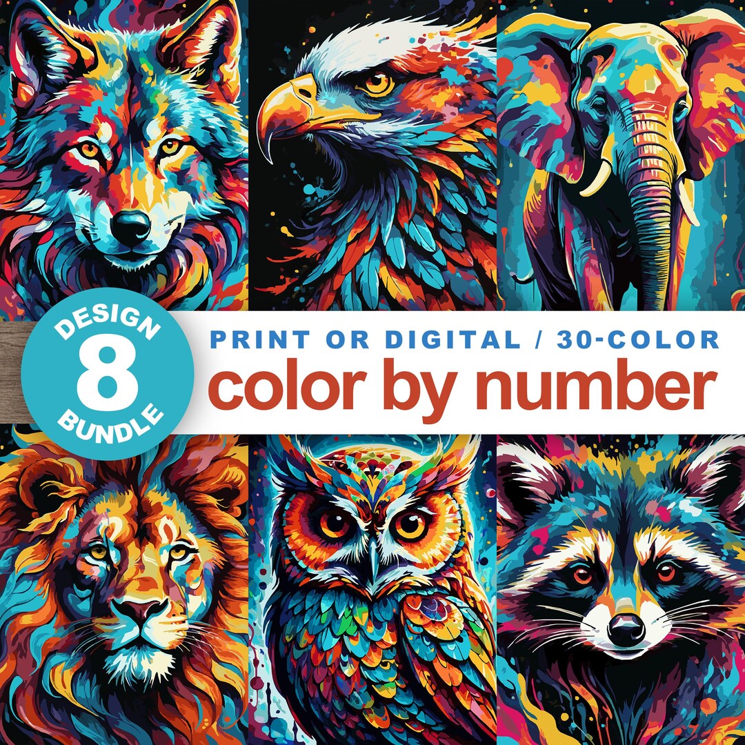 Printable Color by Number Adult Animal Bundle Set of 8 Digital Coloring ...