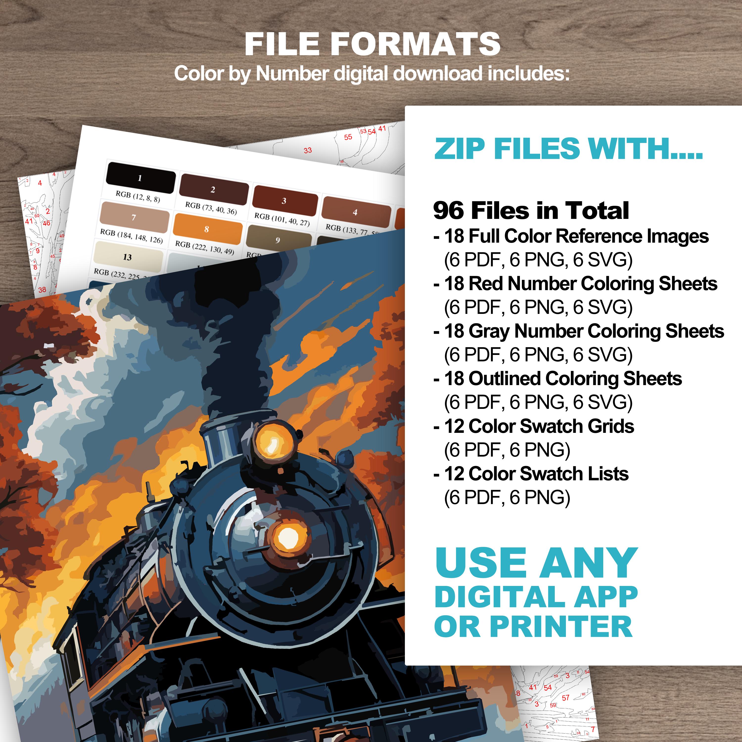 Locomotive Color by Number for Adults Printable Steam Train Coloring ...