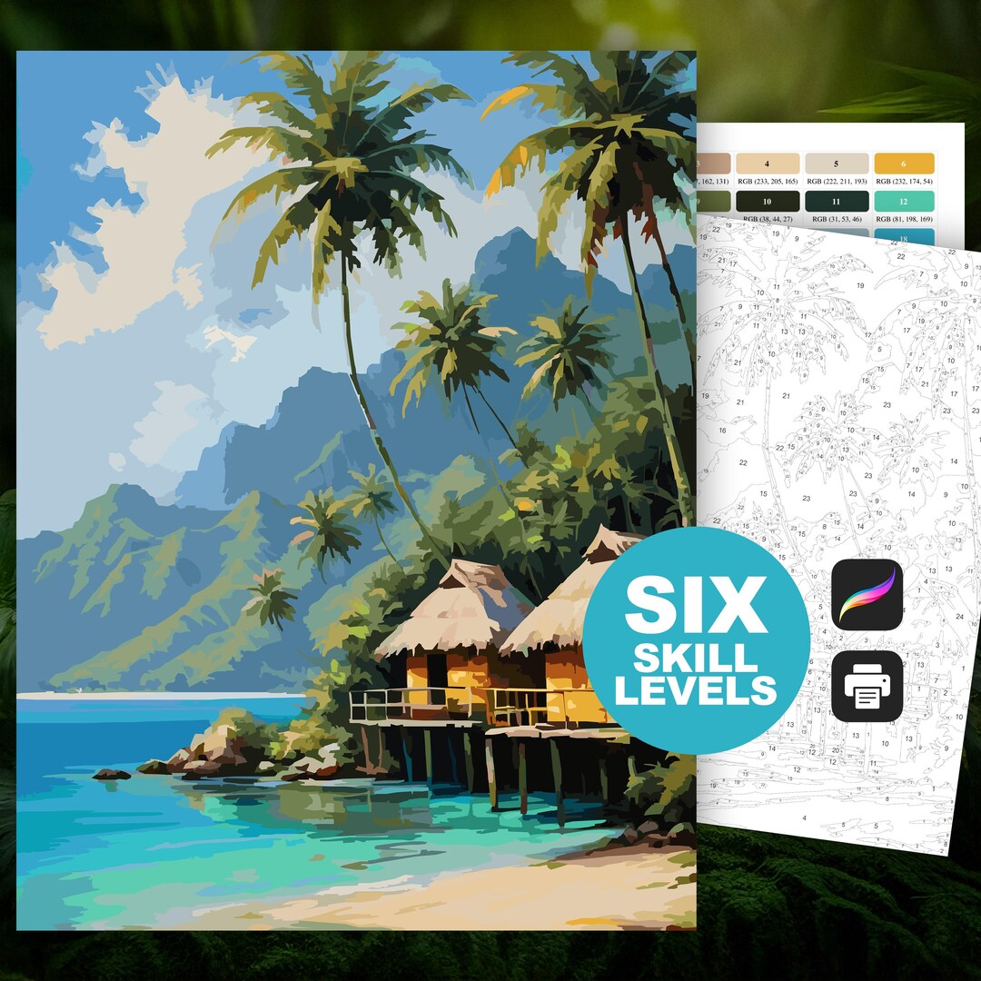 Color by Number Island Beach (6 Skill Levels): Paint by Numbers Printable Tropical Coloring Page ...