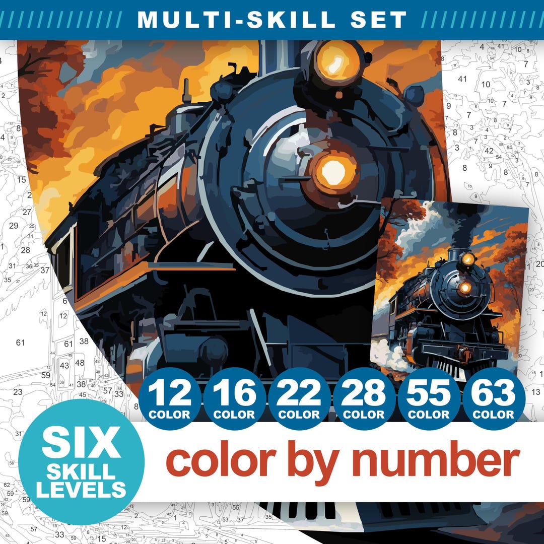 Locomotive Color by Number for Adults Printable Steam Train Coloring ...