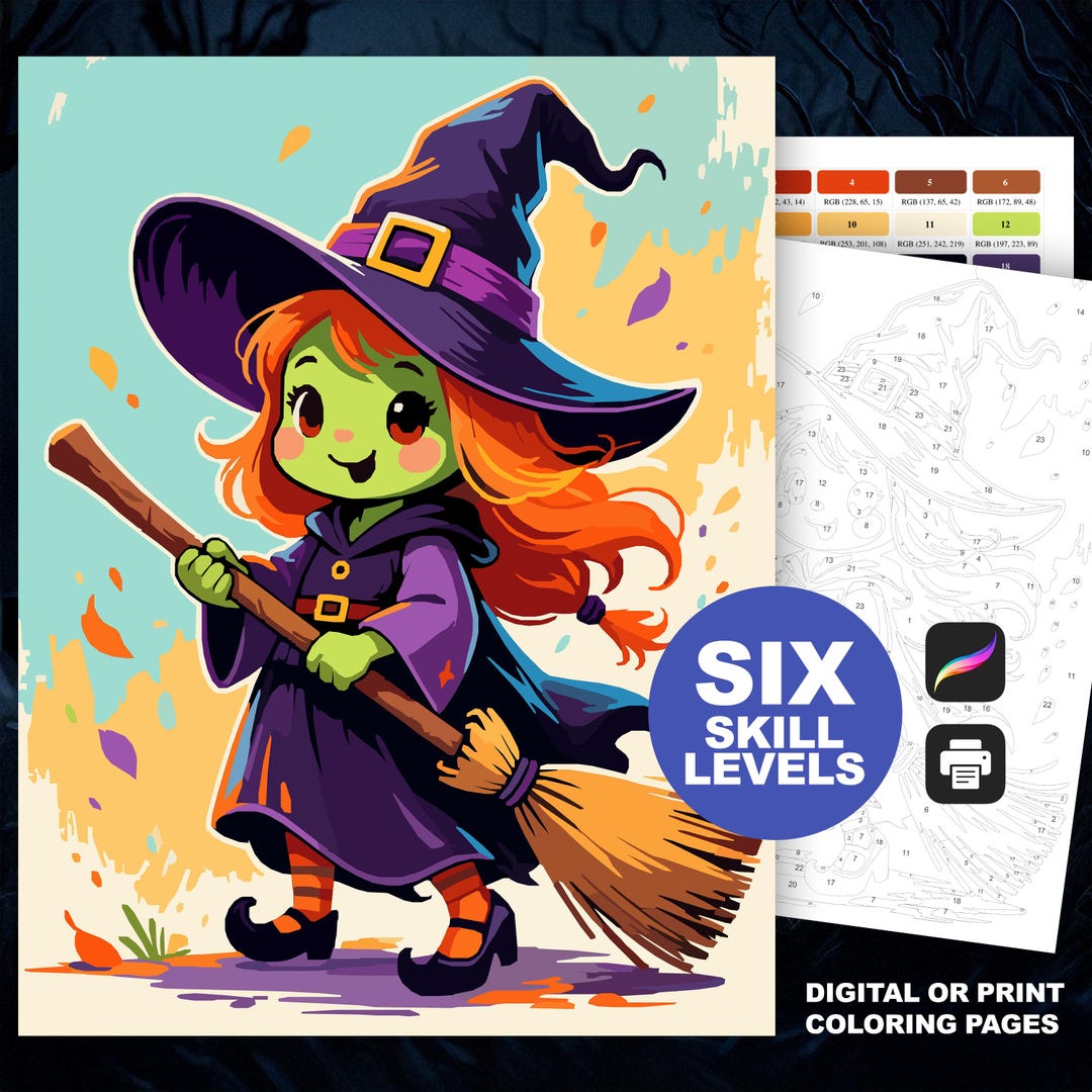 Cute Witch Paint by Number: Halloween Coloring Pages (procreate and ...