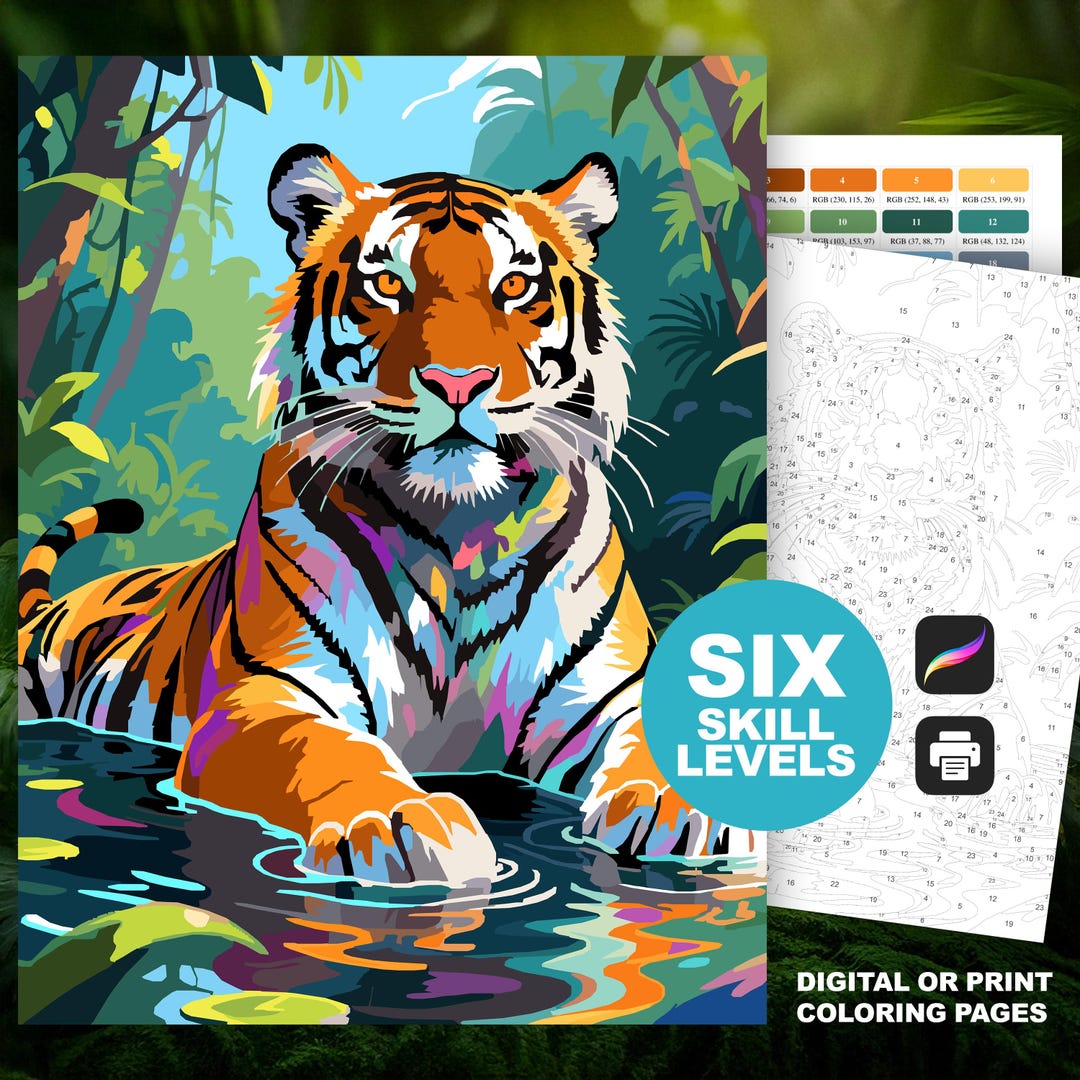 Tiger Paint by Number Coloring Pages: Animal Coloring (6 Skill Level ...