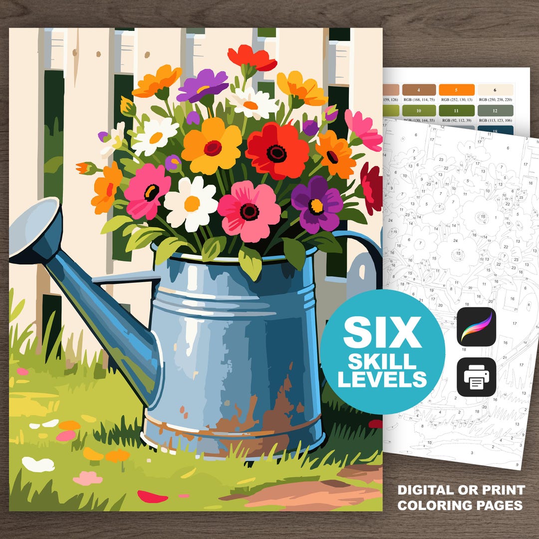 Watering Can Paint by Number: Garden Flowers Coloring Pages (procreate ...