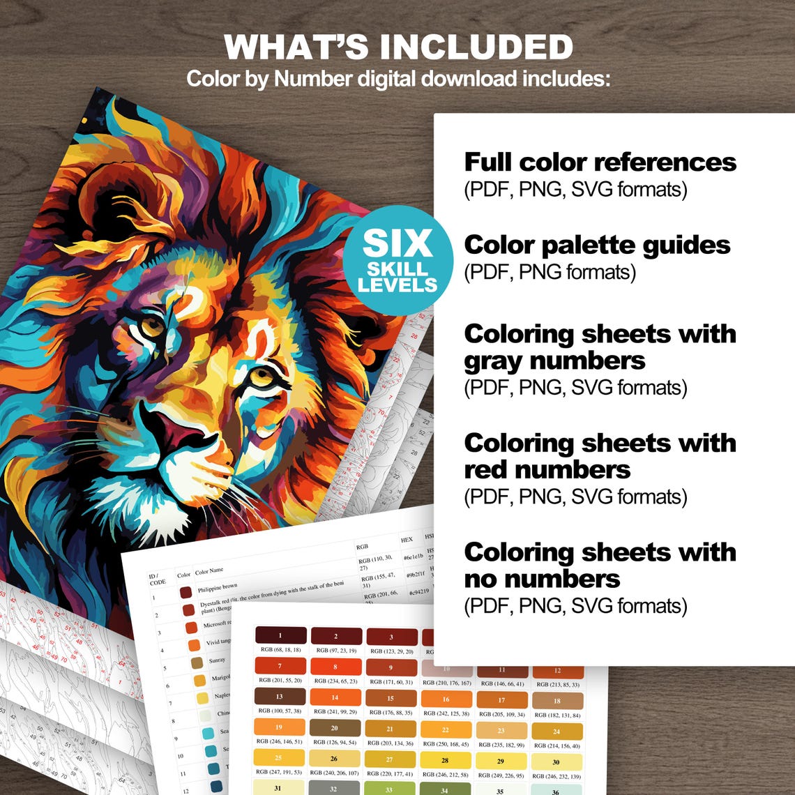 Color by Number Lion (6 Skill Levels) Digital Download | Printable ...