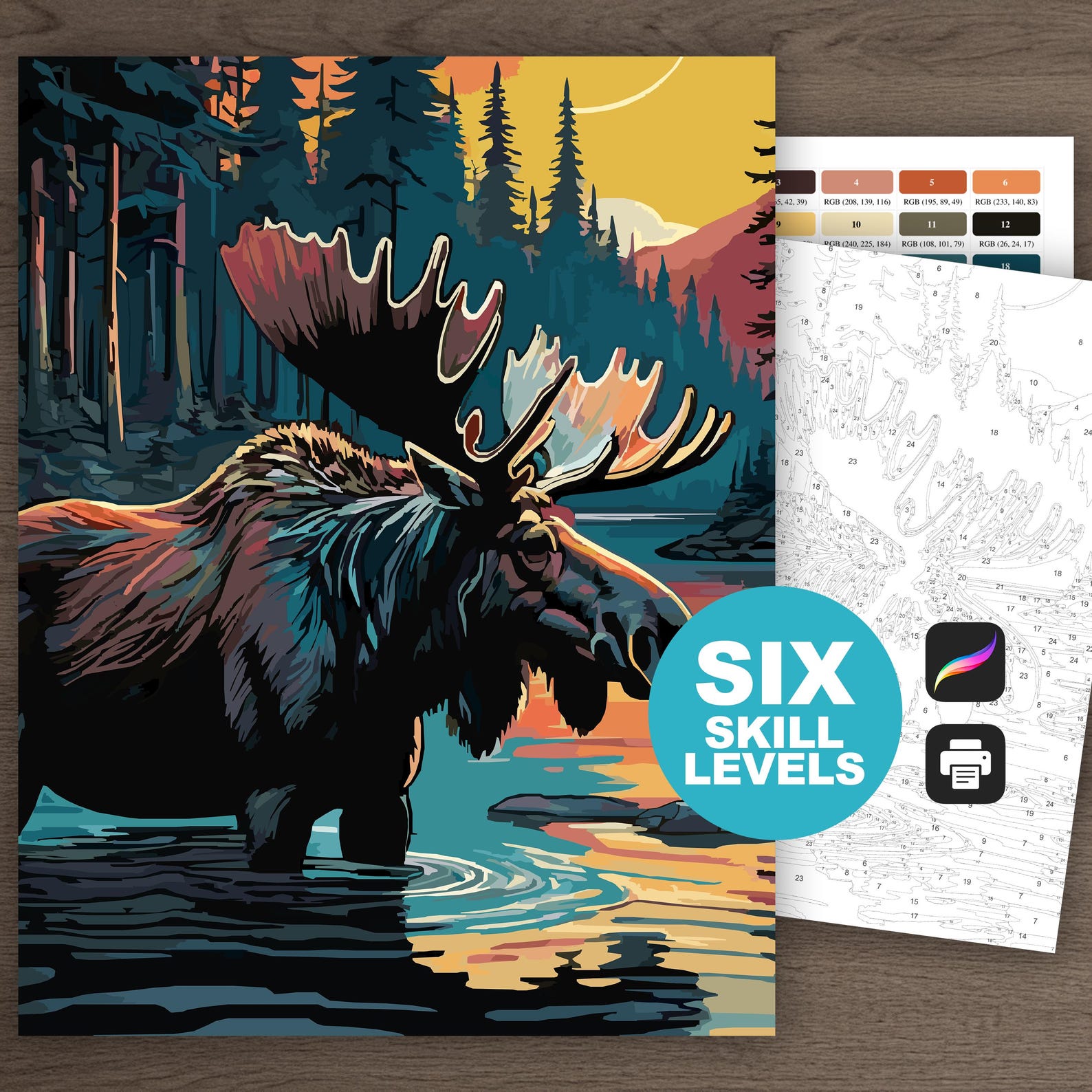 Color by Number Moose Scene (6 Skill Level): Paint by Numbers Printable ...