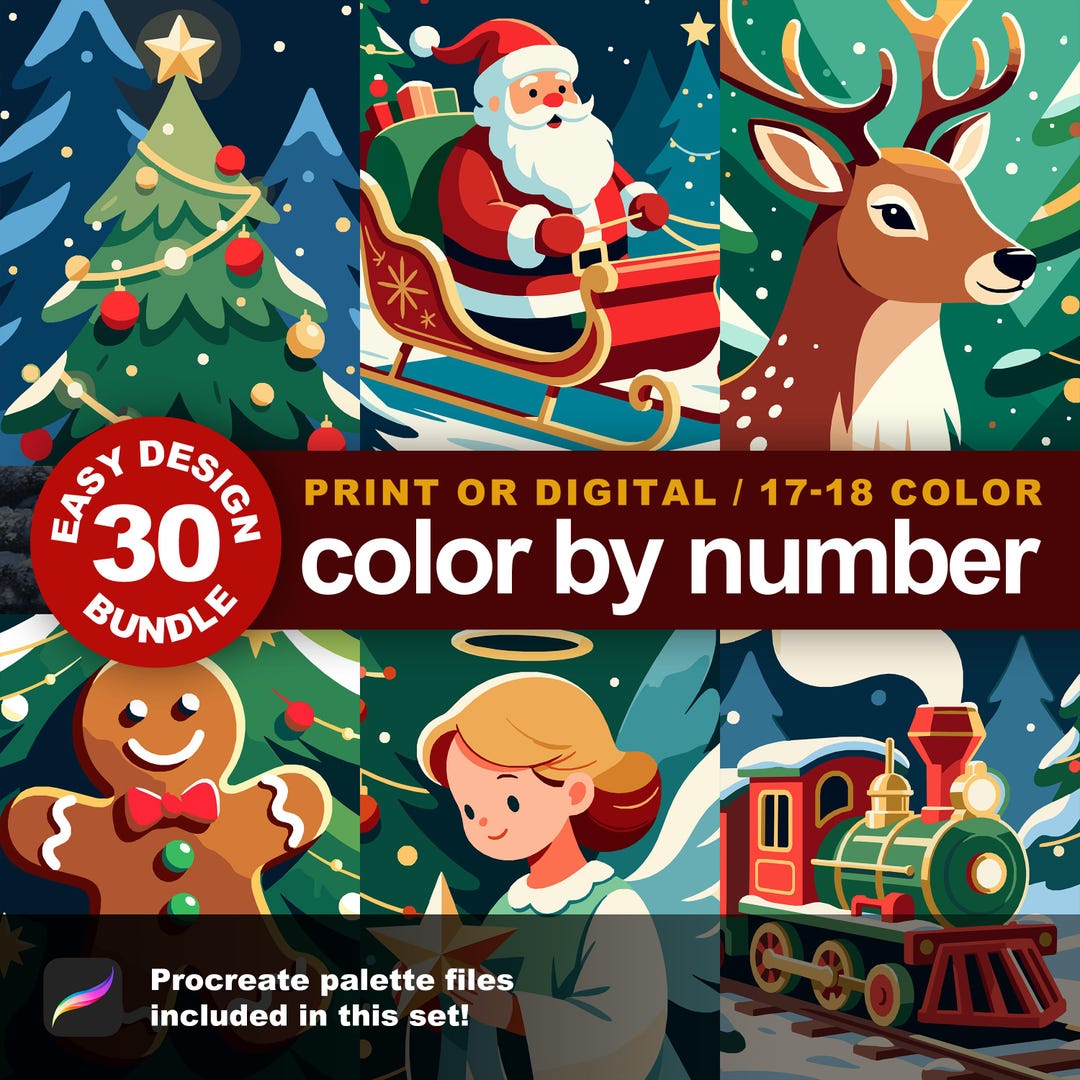 Easy Paint by Number Christmas Bundle: 30 Coloring Pages of Festive ...