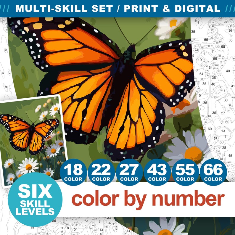 Color by Number Monarch Butterfly (6 Skill Levels): Paint by Numbers ...