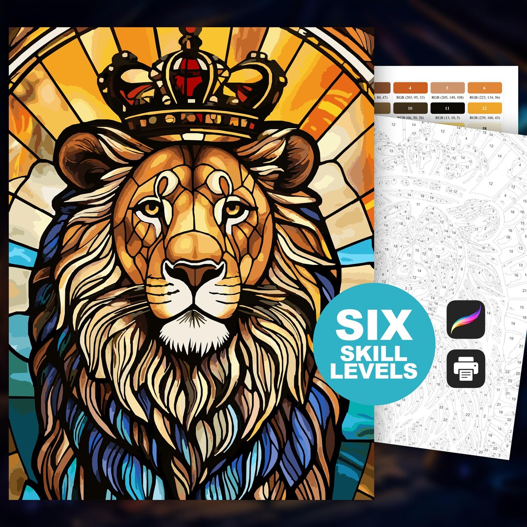 Color by Number Lion Stained Glass (6 Skill Levels): Paint by Numbers ...