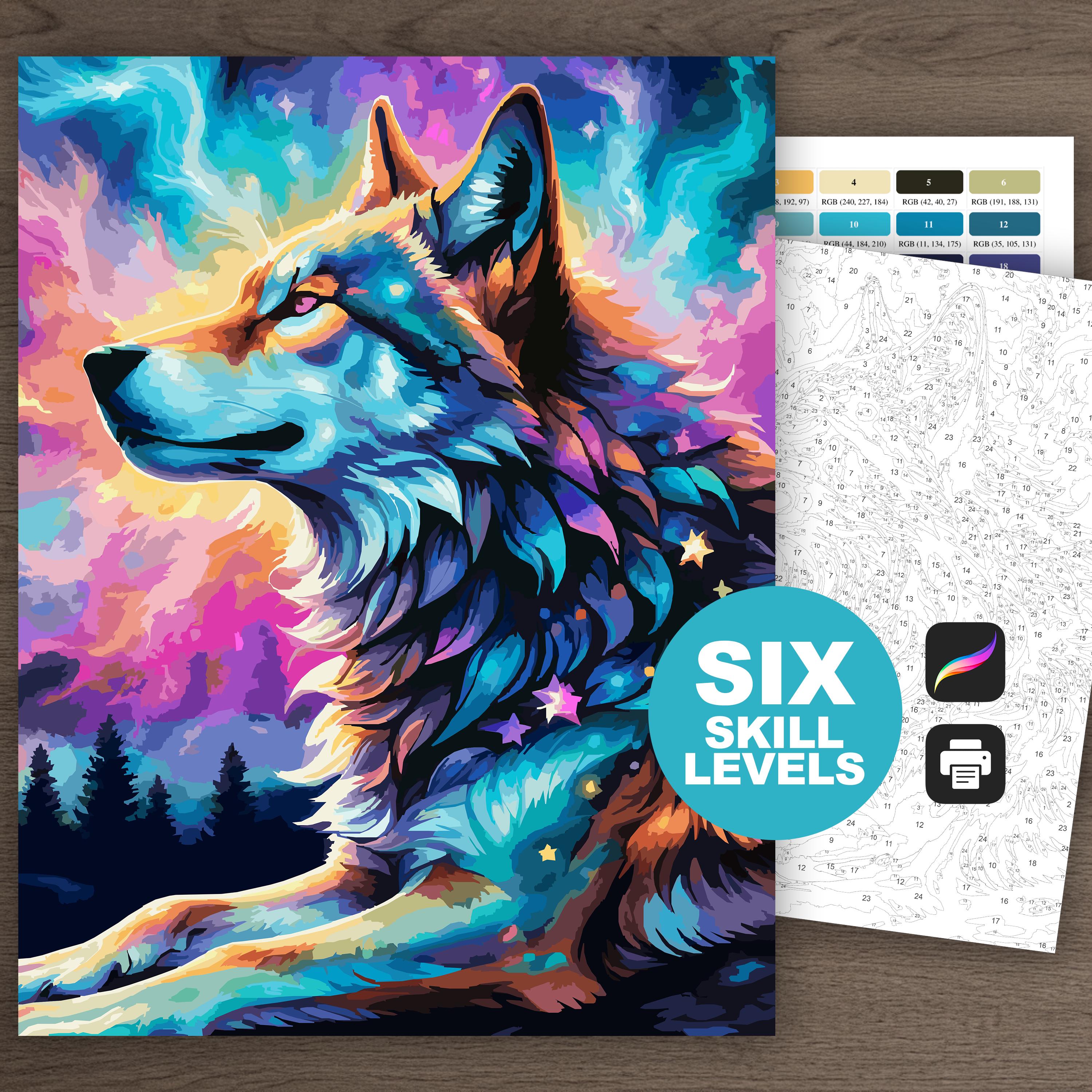 Color by Number Cosmic Wolf Coloring Page (6 Skill Levels): Paint by ...