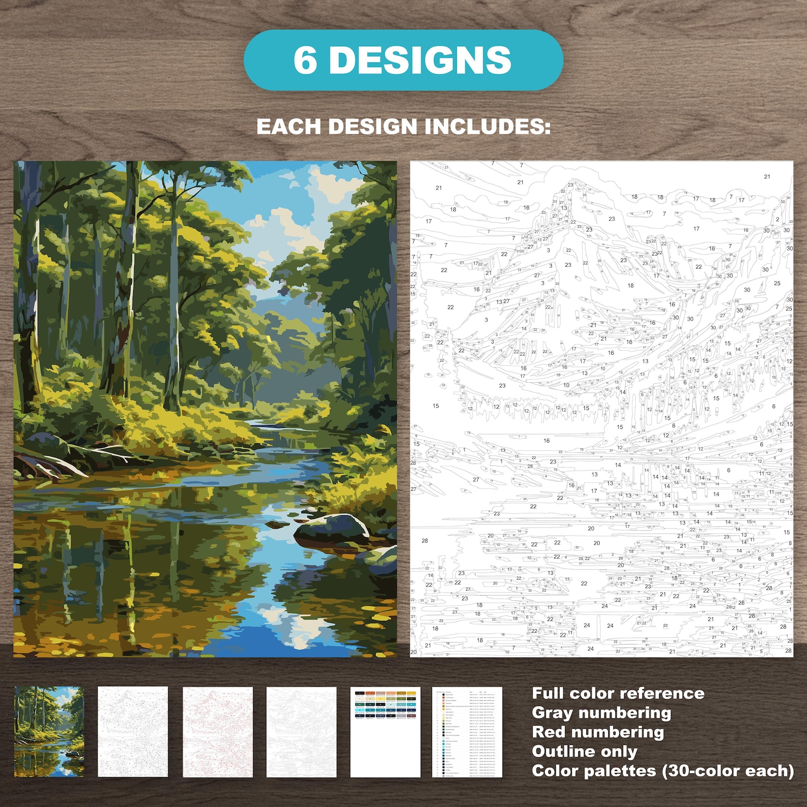 Color by Number Landscape (set of 6): Paint by Numbers Nature Scenes ...
