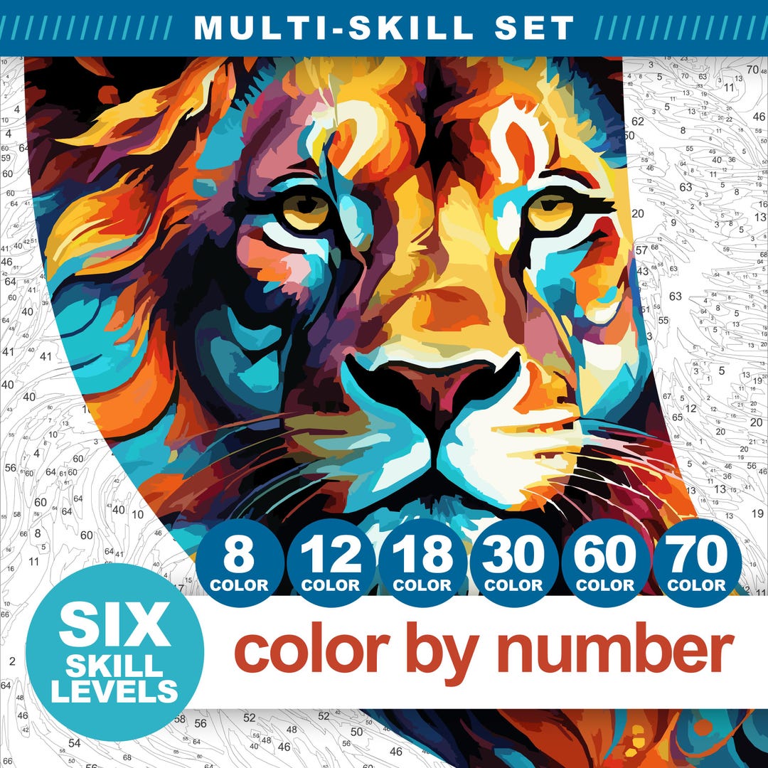 Color by Number Lion (6 Skill Levels) Digital Download | Printable ...