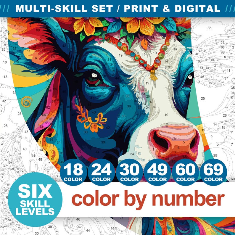 Color by Number Cow (6 Skill Levels): Paint by Numbers Printable ...
