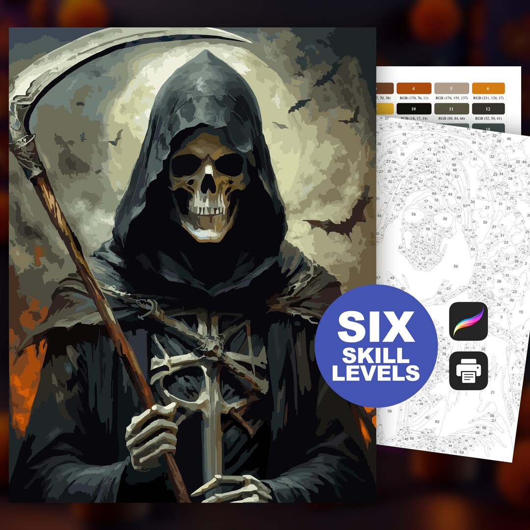 Paint by Number Grim Reaper Halloween Color by Number Printable Angel ...