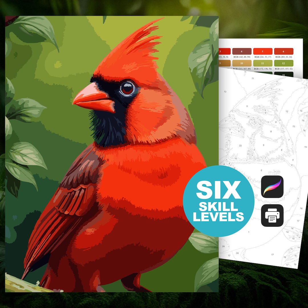 Color by Number Red Cardinal (6 Skill Levels): Paint by Numbers ...