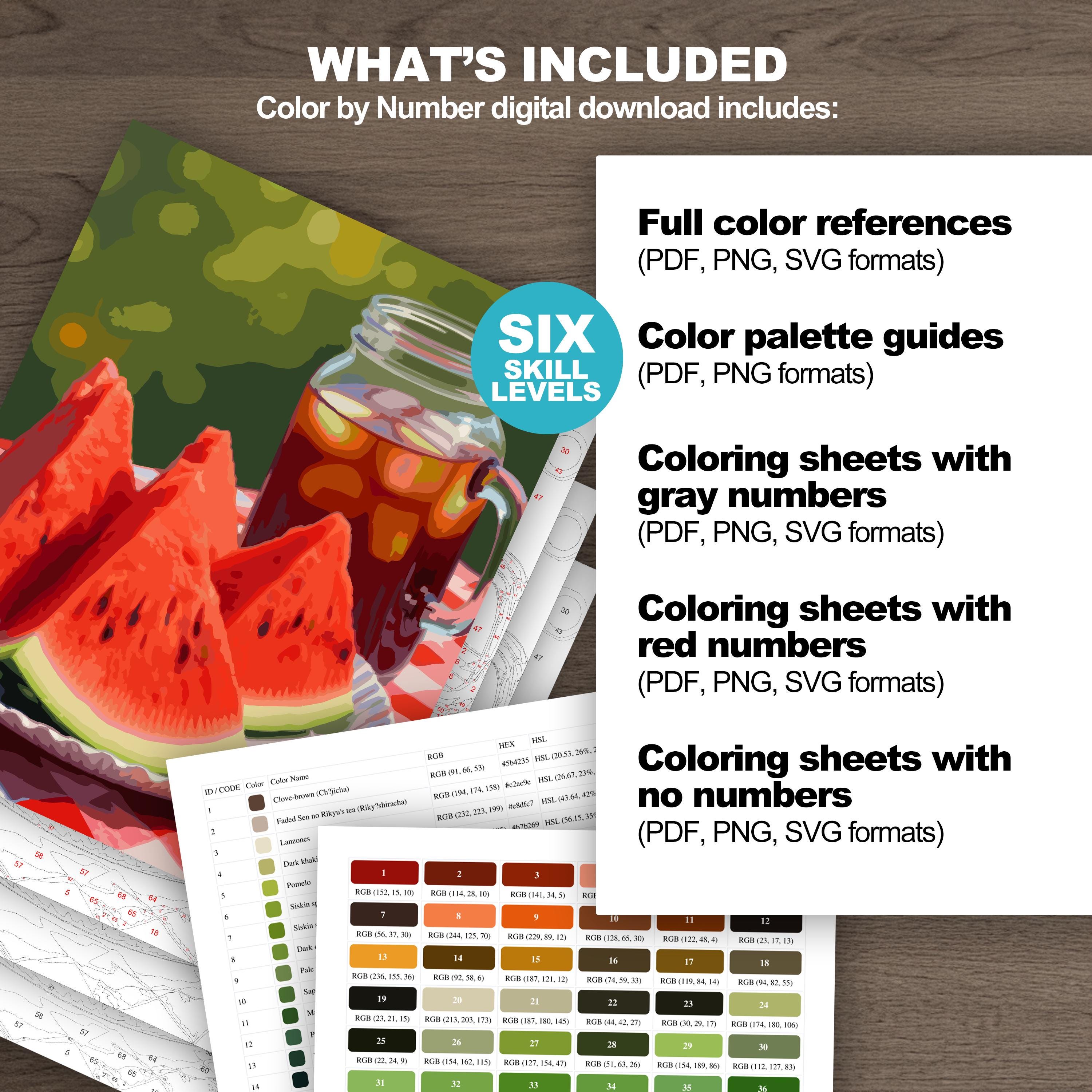 Color by Number Summer (6 Skill Levels): Watermelon Paint by Numbers ...