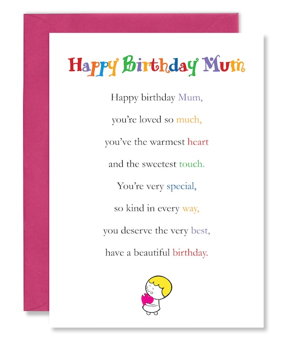 Happy Birthday Mum Greetings Card With Lovely Poem Verse to | Etsy