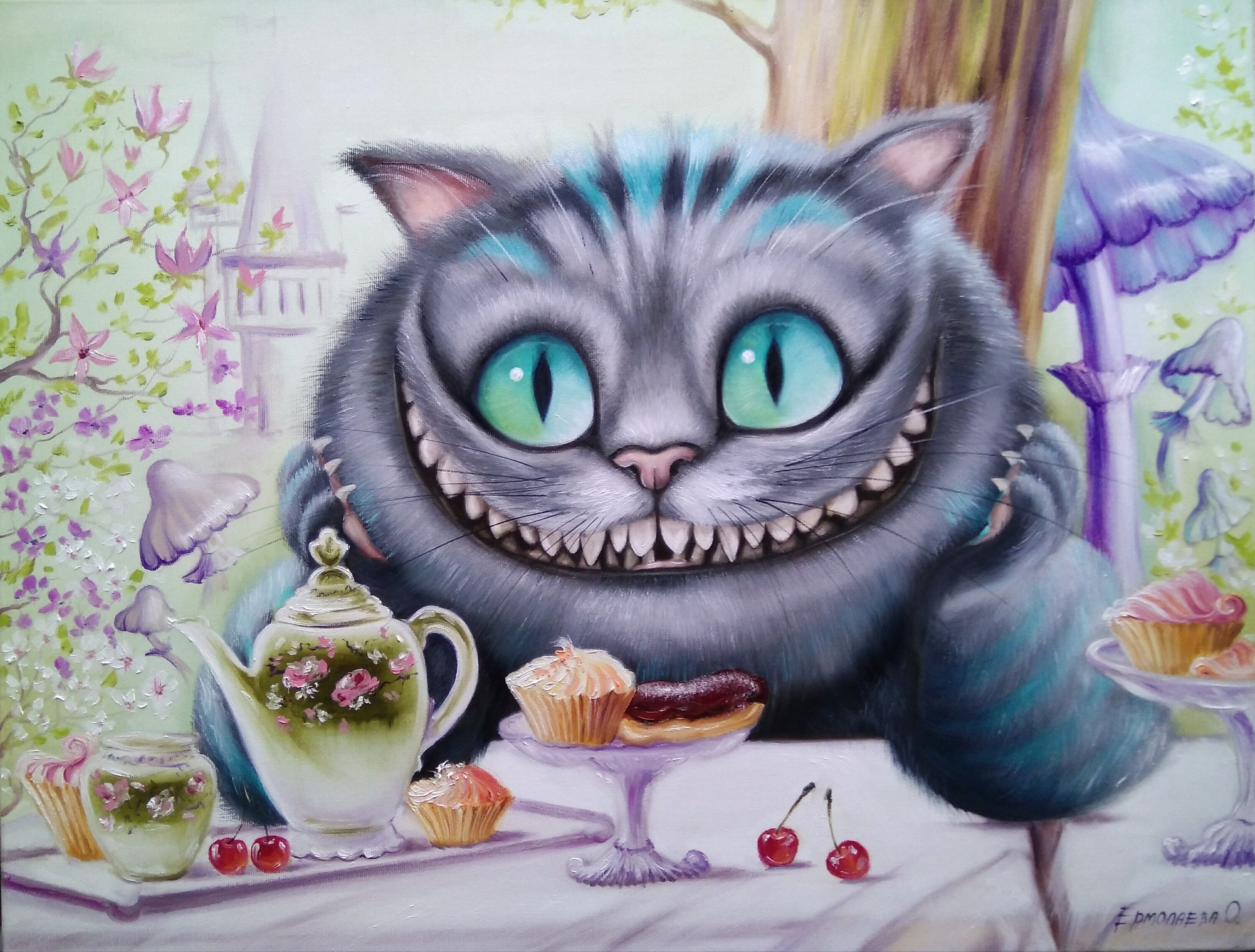 Breakfast Cheshire Cat Oil Painting cat Alice in Wonderland | Etsy